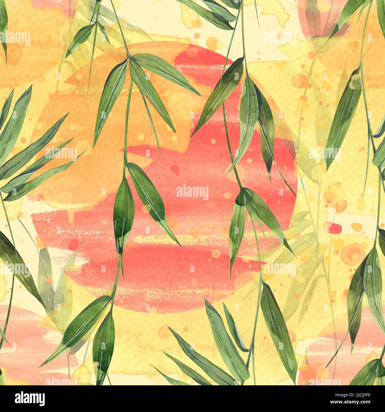 Eastern, red sun in bamboo leaves with yellow spots and splashes of ...