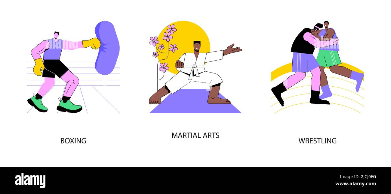 Combat sport abstract concept vector illustration set. Boxing ring ...
