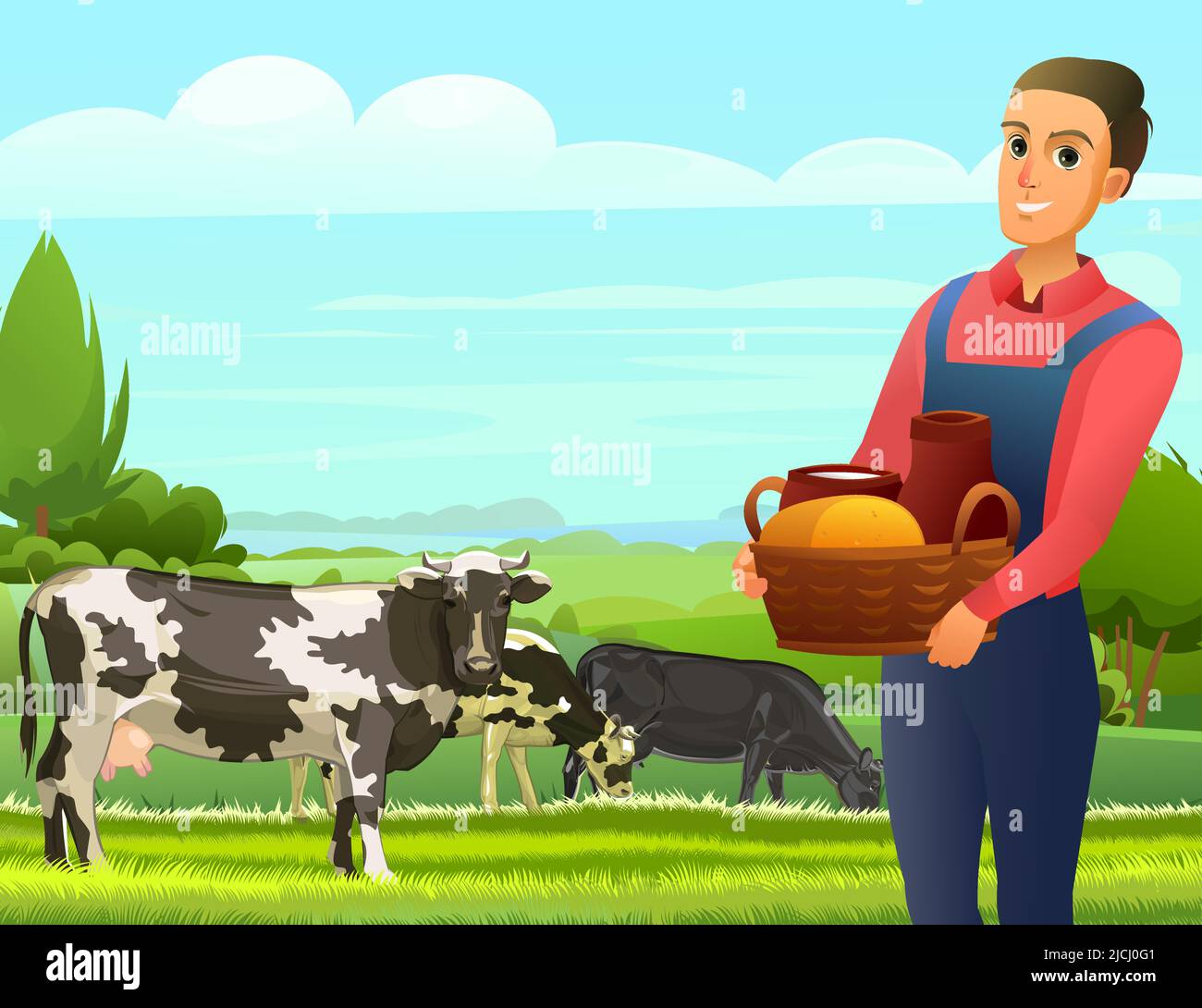 Boy farmer with basket. Cows are grazing. Rural landscape hills. Green ...