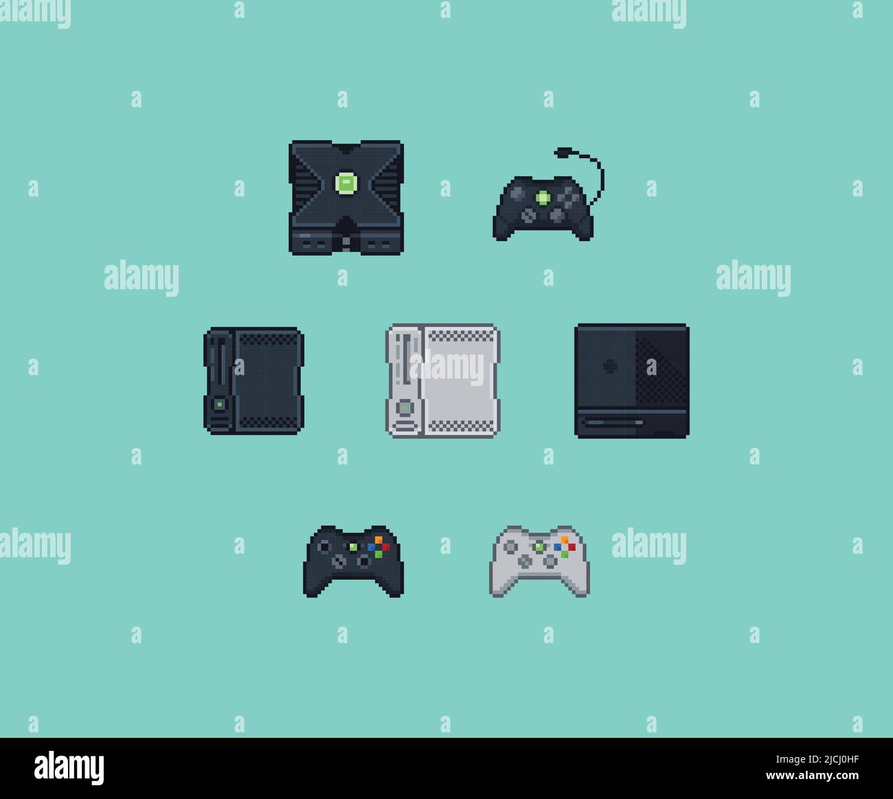 Pixel art flat icons set. Retro technology, computer, joystick, gamepad ...