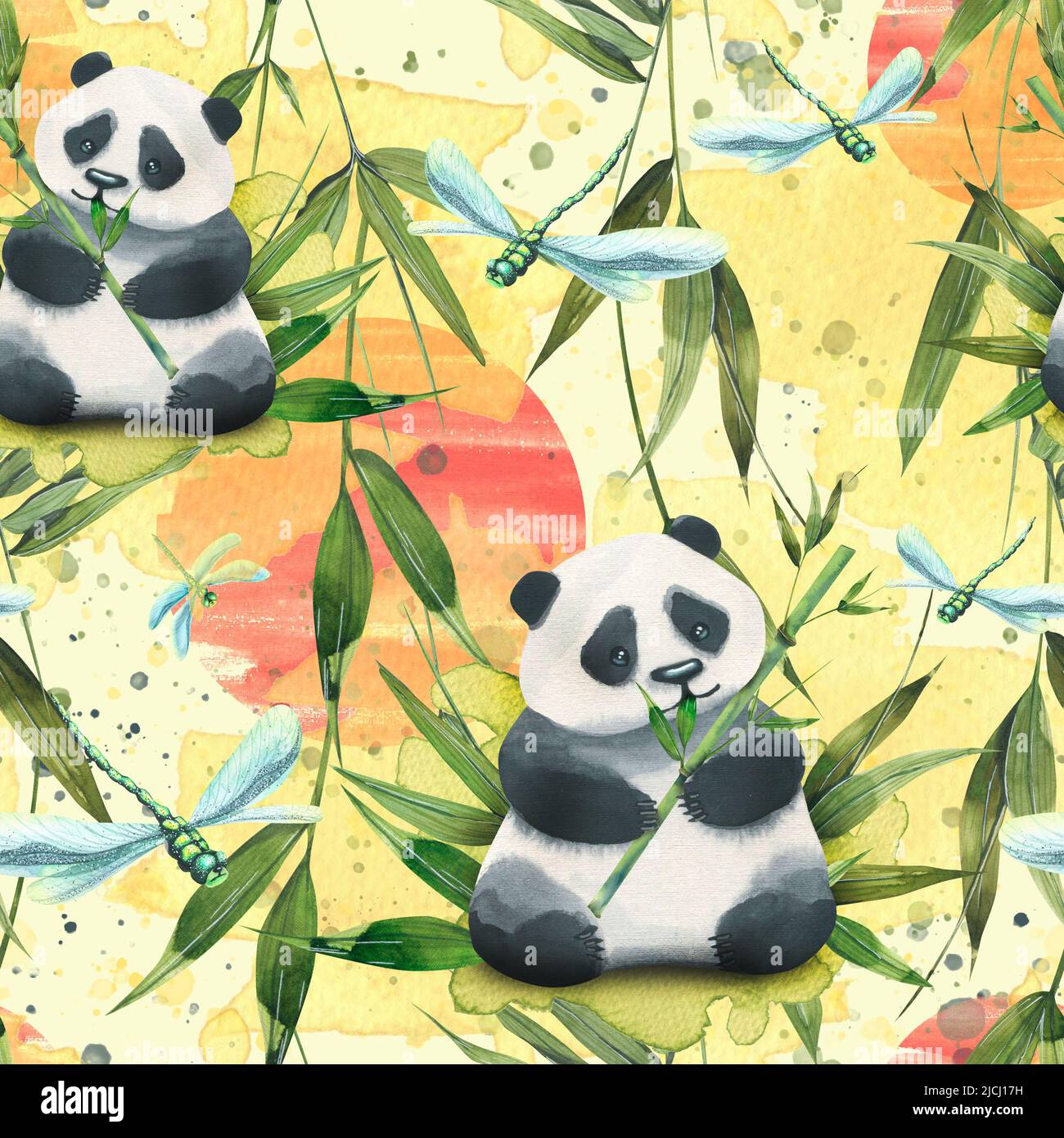 A cute panda eats bamboo in a bamboo grove with an oriental, red sun ...