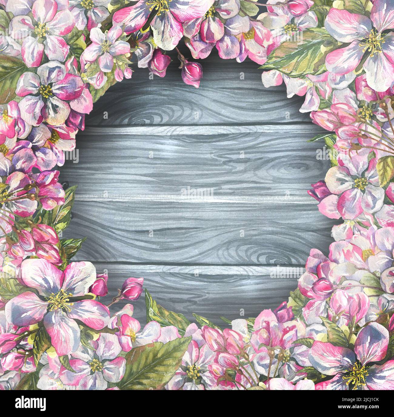 A round frame, a wreath of apple blossoms, leaves on a background of ...