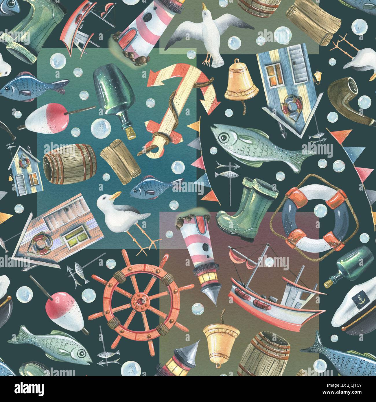 Watercolor illustration on the theme of sea fishing. Seamless pattern ...