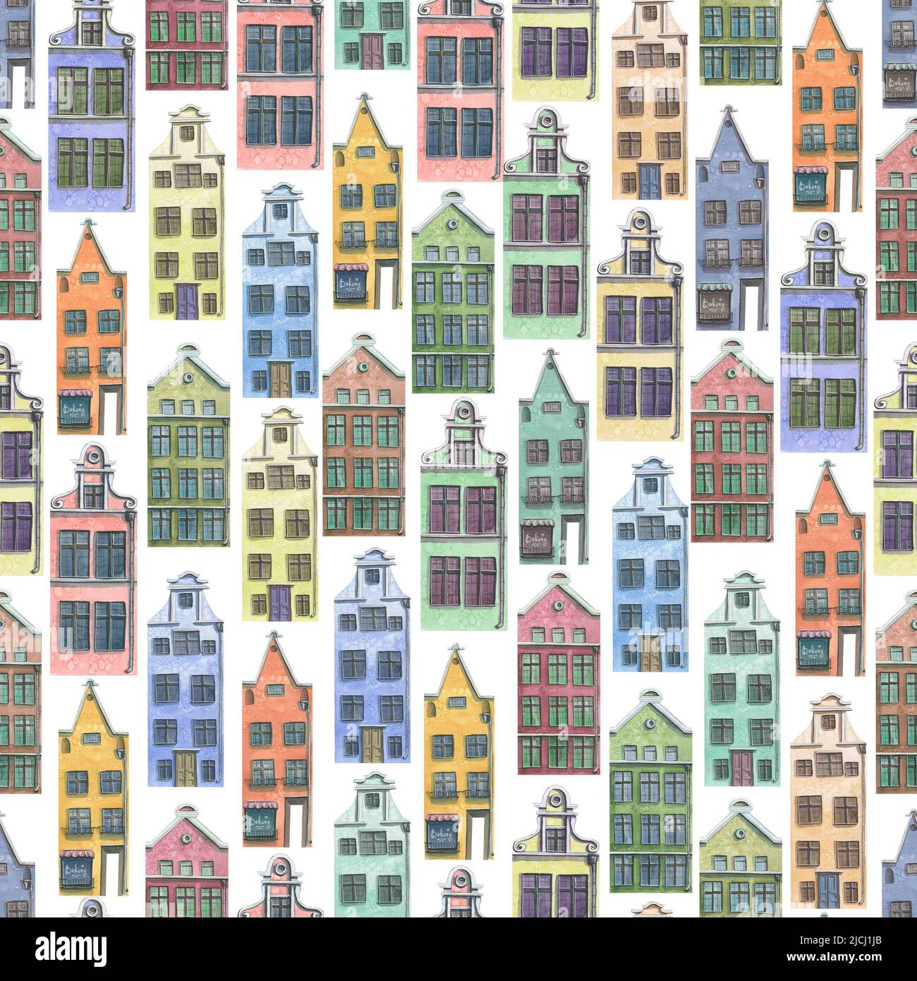 European, cute houses. Multicolored in a seamless pattern. Watercolor ...