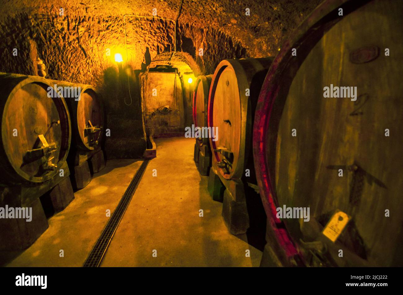 Old cellar with bottles and barrels under castle making wine,Italy ...