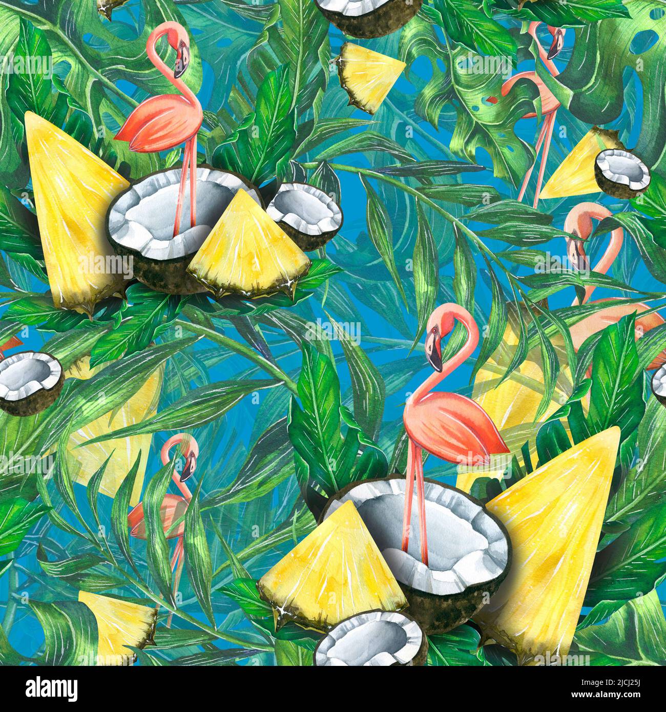 Tropical seamless pattern with pineapple slices, coconut, pink flamingo ...