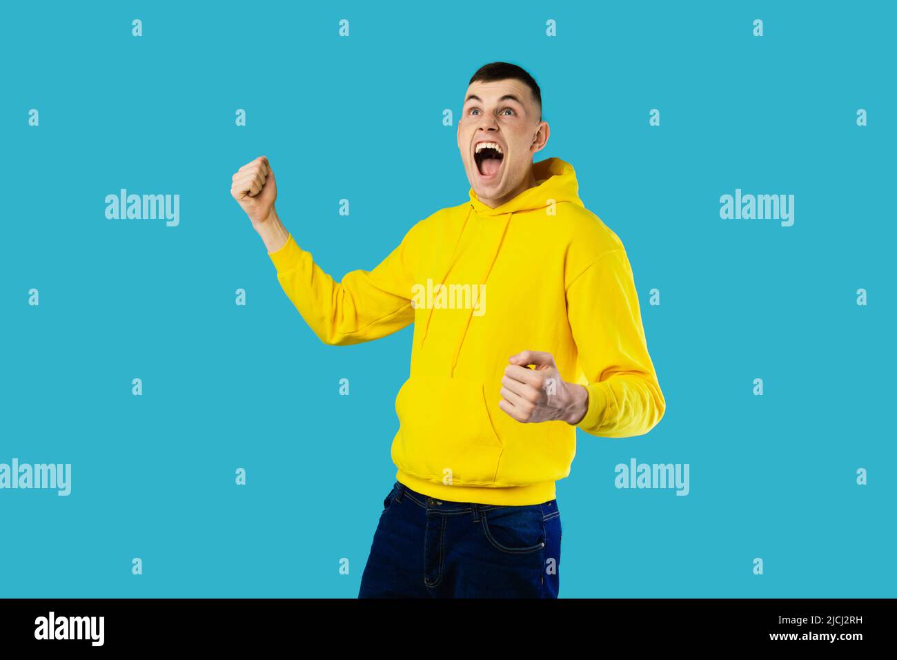 Emotional Guy Shouting Gesturing Yes Celebrating Victory, Blue ...
