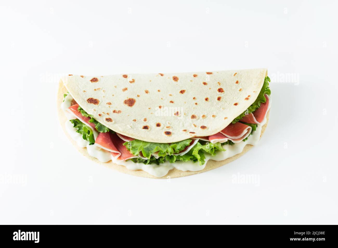 Italian street food flat lay with piadina isolated on a white ...