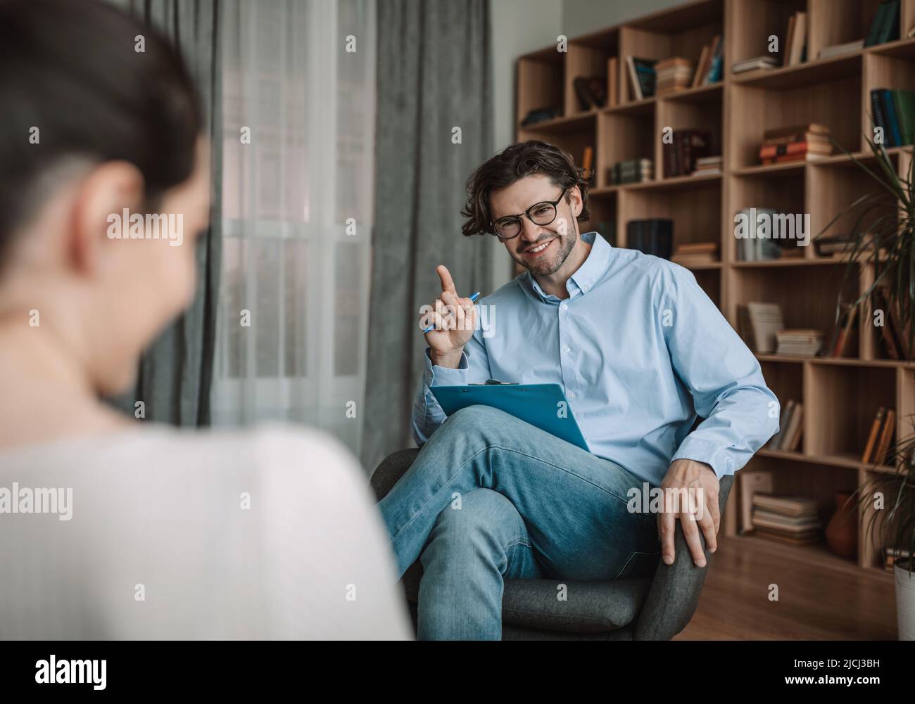 Solving of problem and meeting with psychologist. Smiling european ...