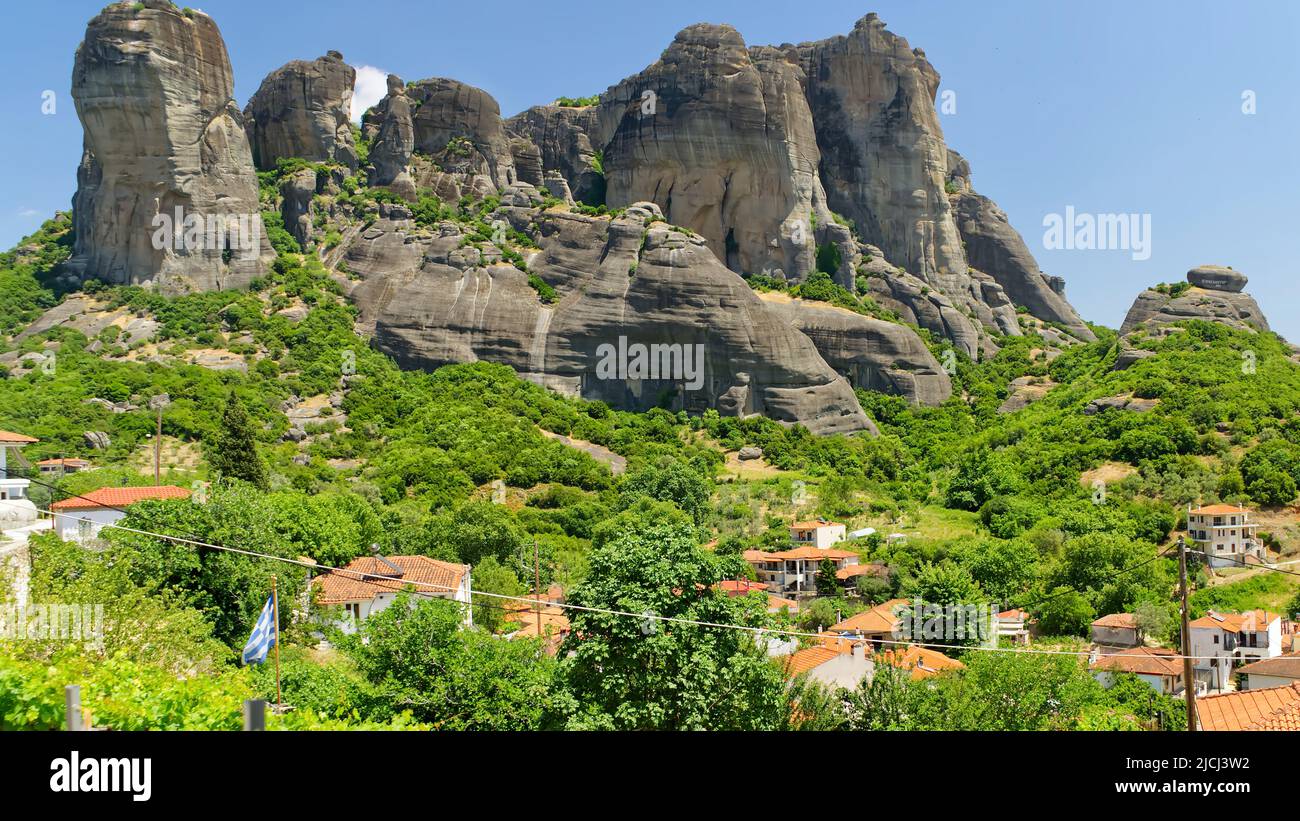 Beautiful scenic view of the Kalabaka town on top of the cliff. small ...