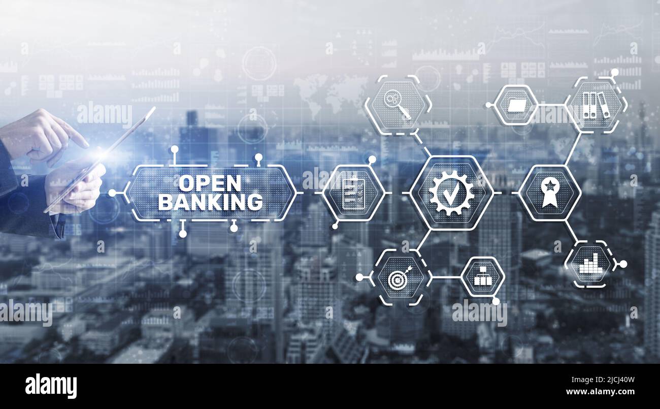 Open Banking Online Finance Concept. Man clicks on a virtual screen ...