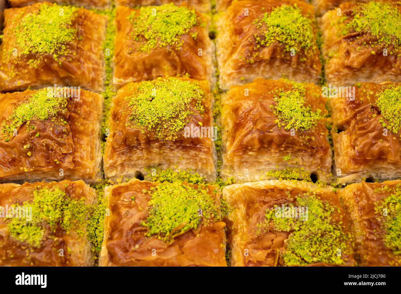Turkish or arabic sweet dessert, baklava fistikli made from filo pastry ...