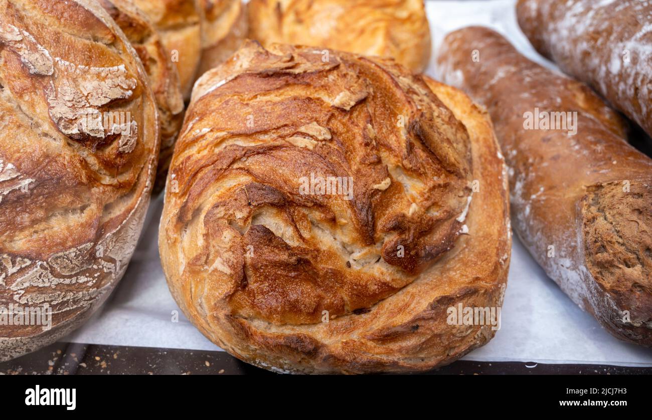 Oven baked fresh sour dough organic bread in bakery Stock Photo - Alamy