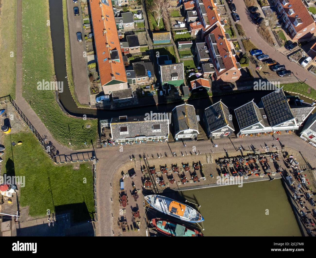 Aerial view on small Dutch town Marken with wooden houses located on ...