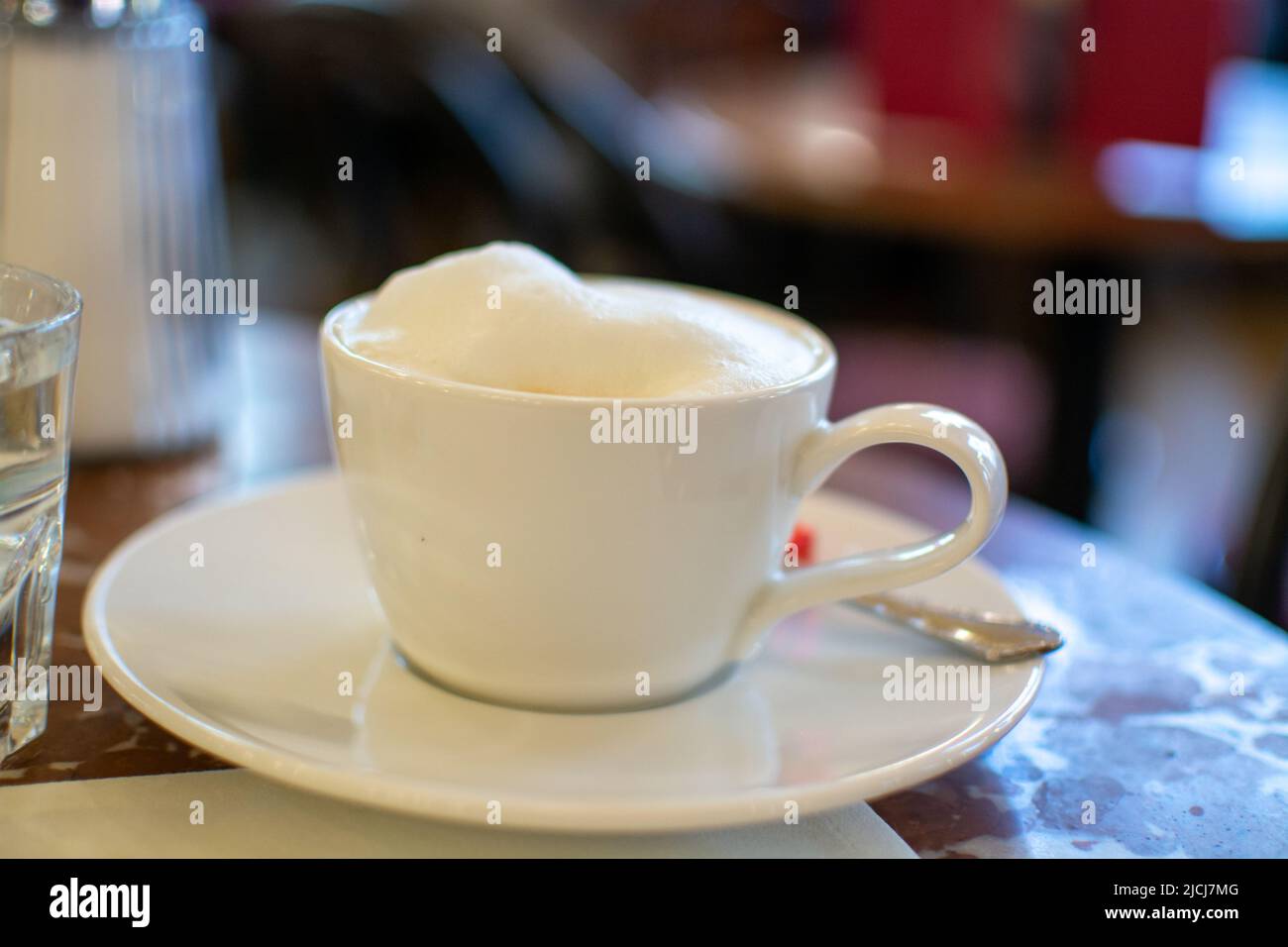 Lifestyle of Vienna, white cup of hot cappuccino coffee with cream foam ...