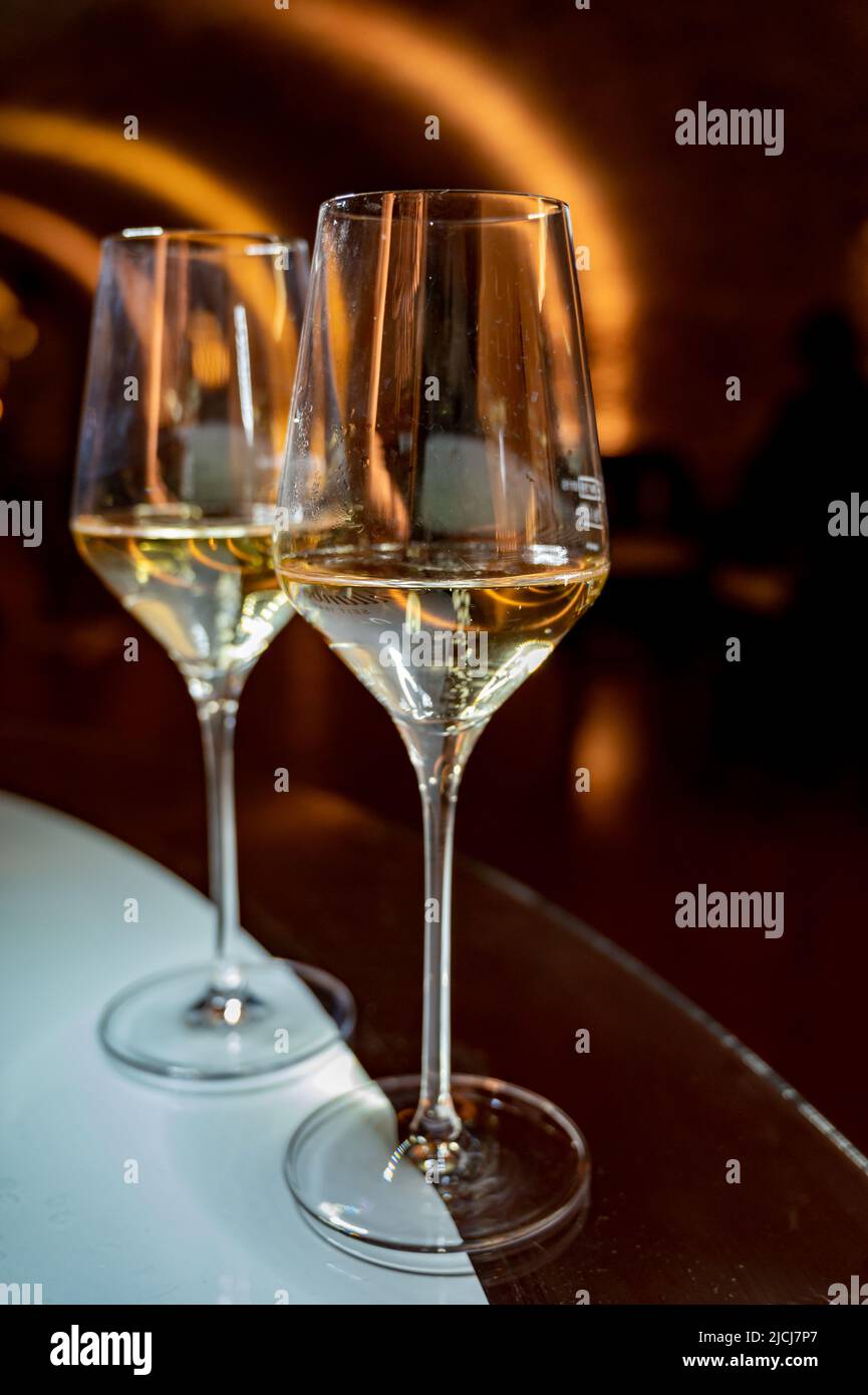 Tasting of brut champagne sparkling wine produced by traditional method ...