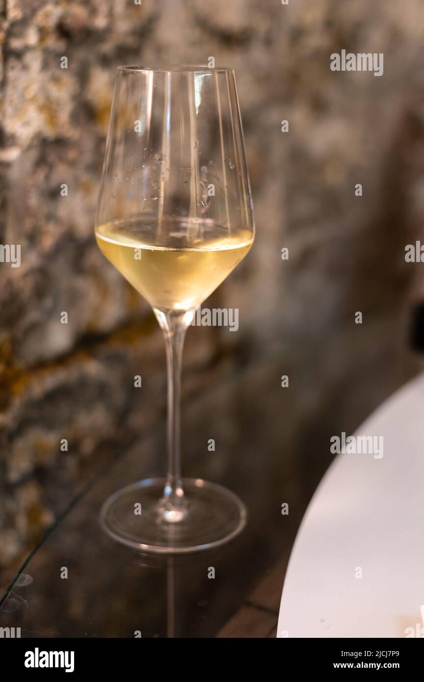 Tasting of brut champagne sparkling wine produced by traditional method in underground caves ...