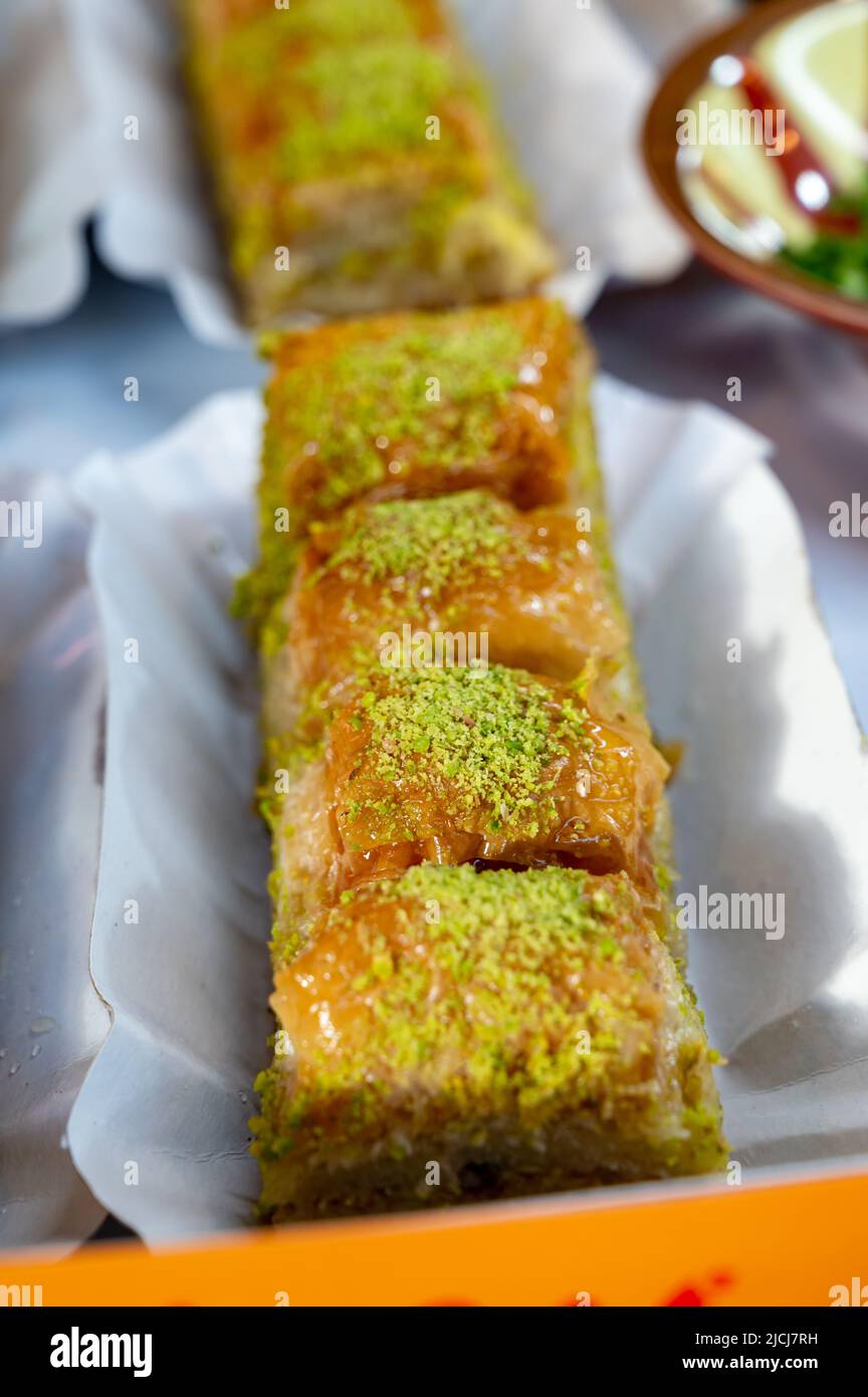 Turkish or arabic sweet dessert, baklava made from filo pastry, filled ...