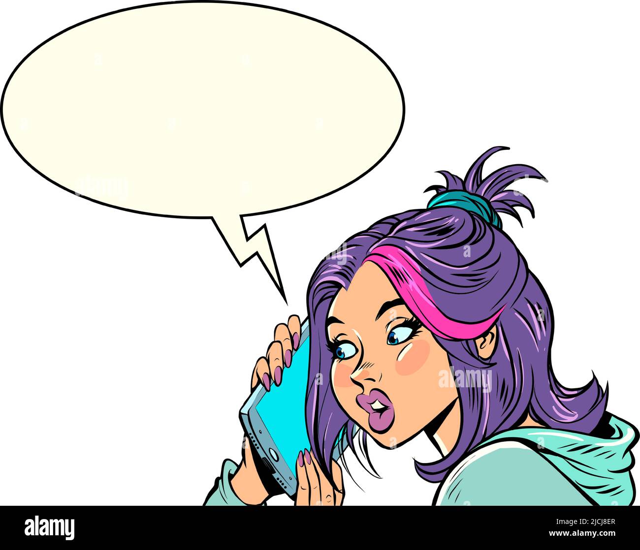 A young woman speaks on the phone. Smartphone in hand. Modern gadgets ...