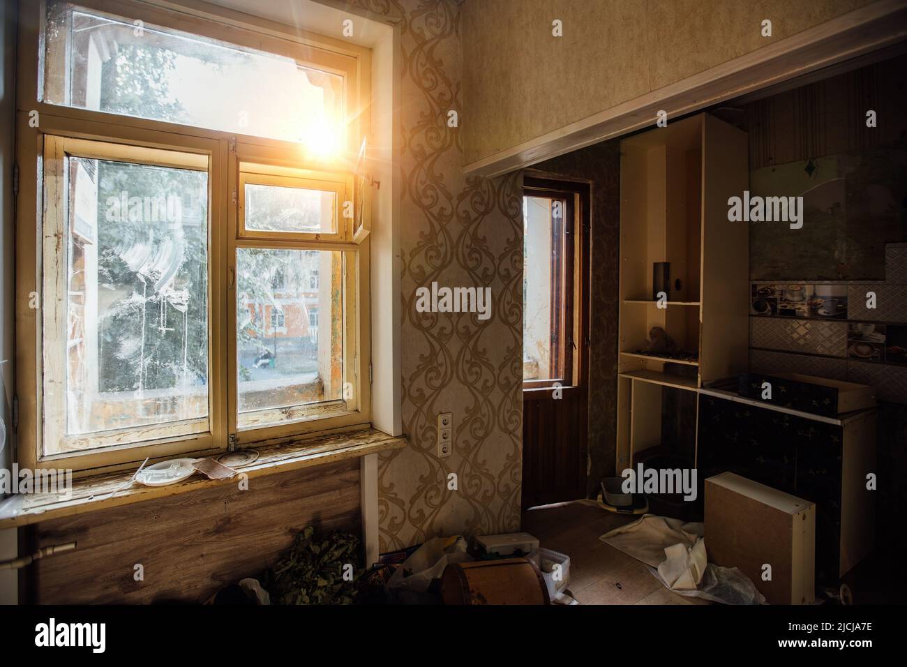 Messy room of abandoned building Stock Photo - Alamy