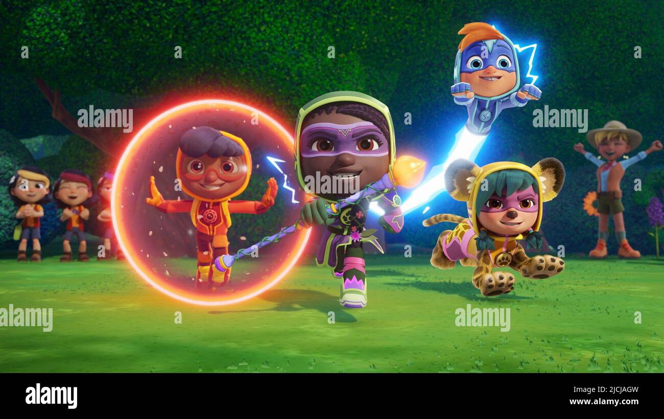 ACTION PACK, from left: Clay (voice: Nevin Kar), Treena (voice: Sydney ...