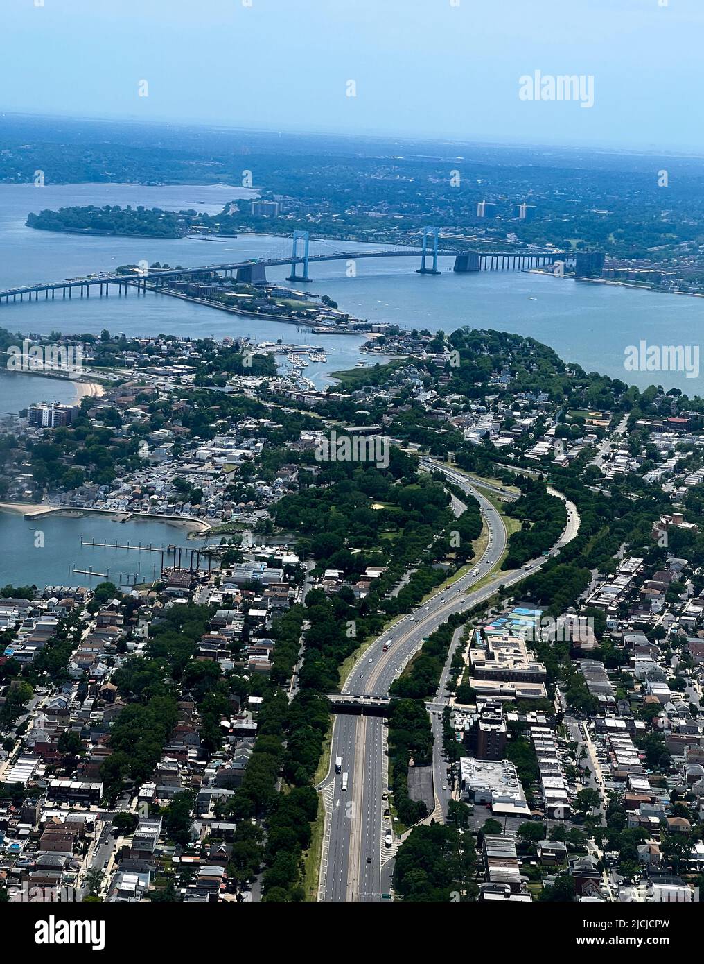 Aerial view of the Throgs Neck Bridge as seen from Queens looking ...