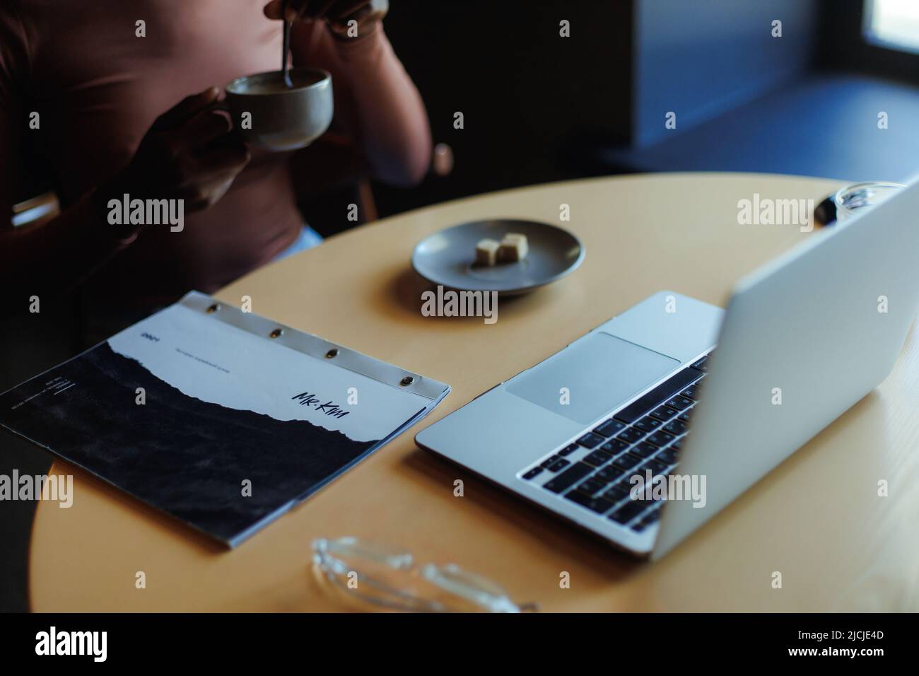 multiracial, dark skin woman, drink tasty coffee. Project and online ...