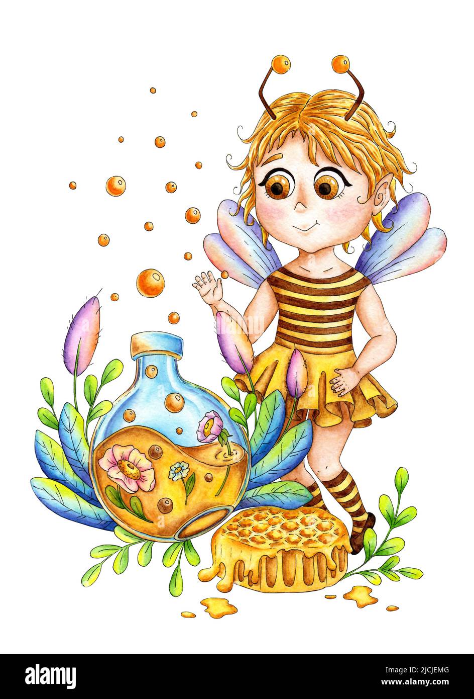 Watercolor illustration little girl bee cartoon character. Suitable for ...