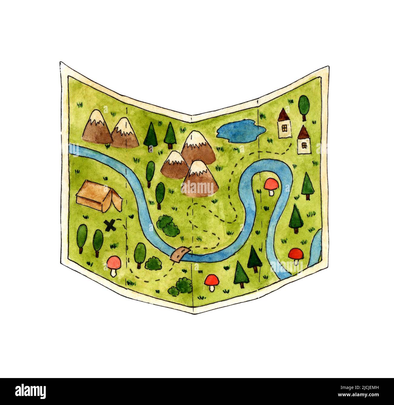 Watercolor illustration of a map of the area for travel and camping ...