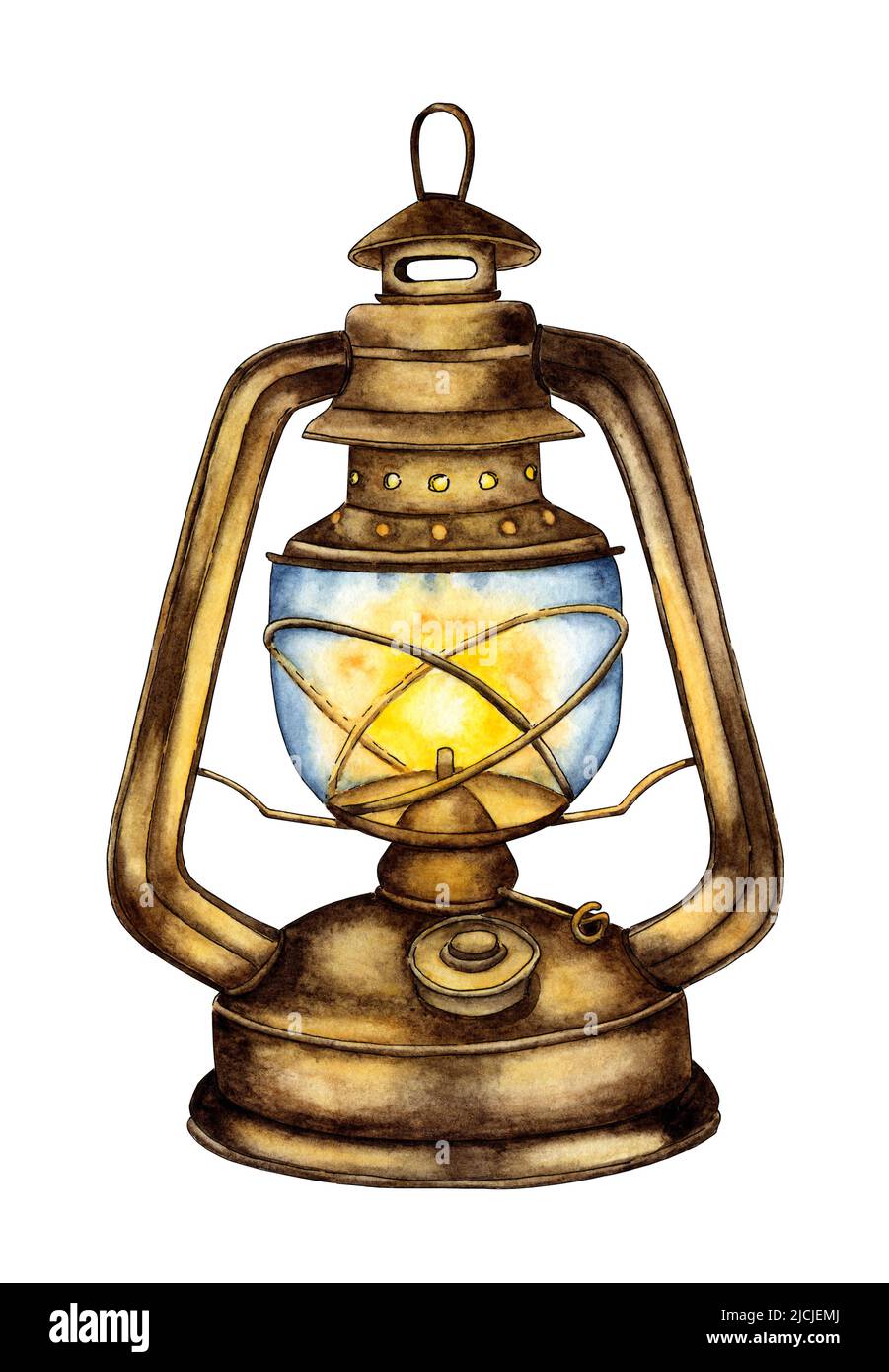 Watercolor illustration kerosene vintage lamp with flame. Cozy glass ...
