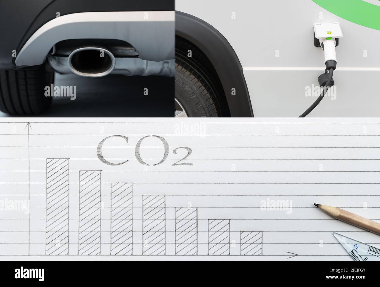 CO2 reducing trend chart with gasoline motor car shifting to electric ...