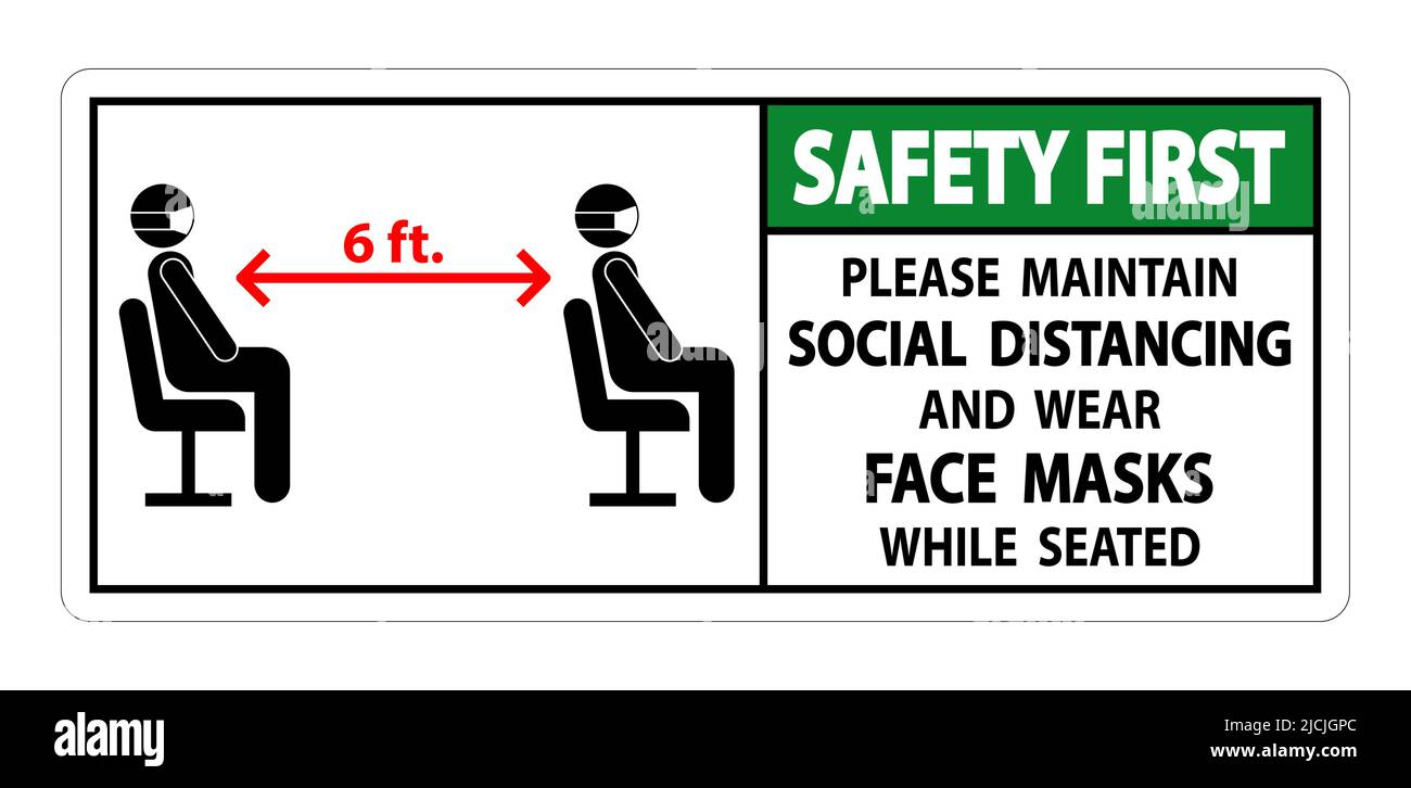 Safety First Maintain Social Distancing Wear Face Masks Sign on white ...
