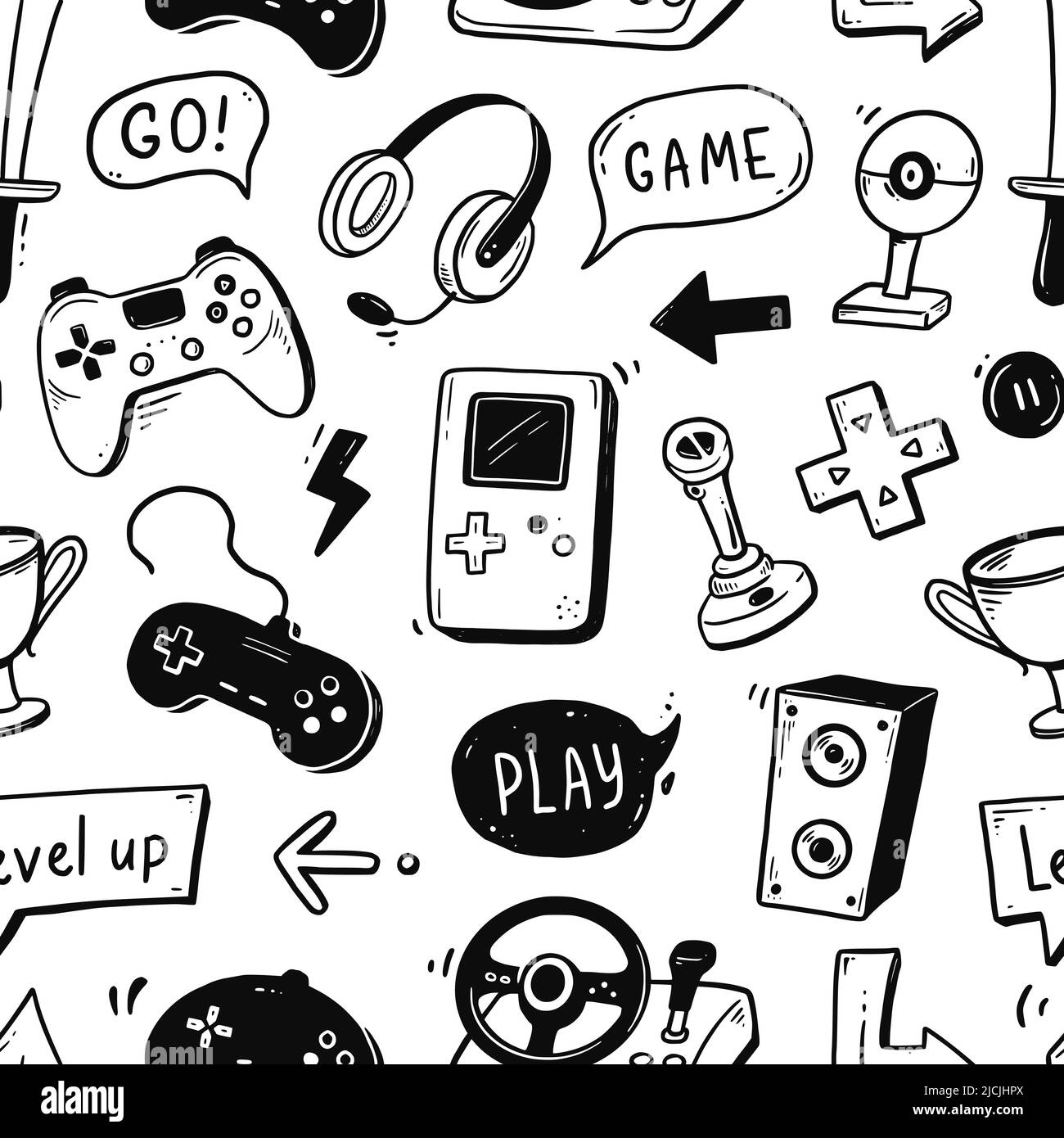 Video game hand drawn doodle seamless pattern. Video gamer console ...