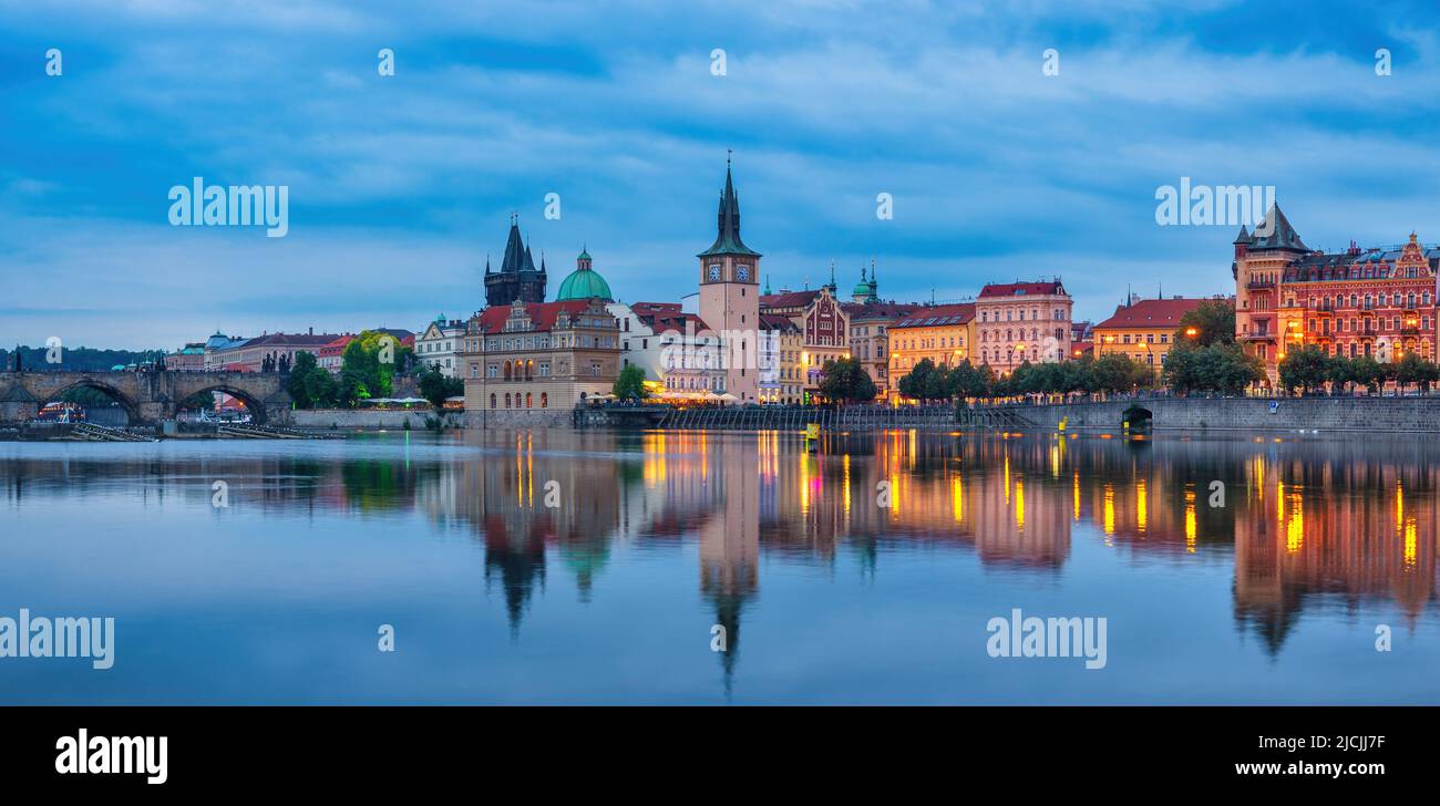 Prague Czech Republic, panorama night city skyline at Charles Bridge ...