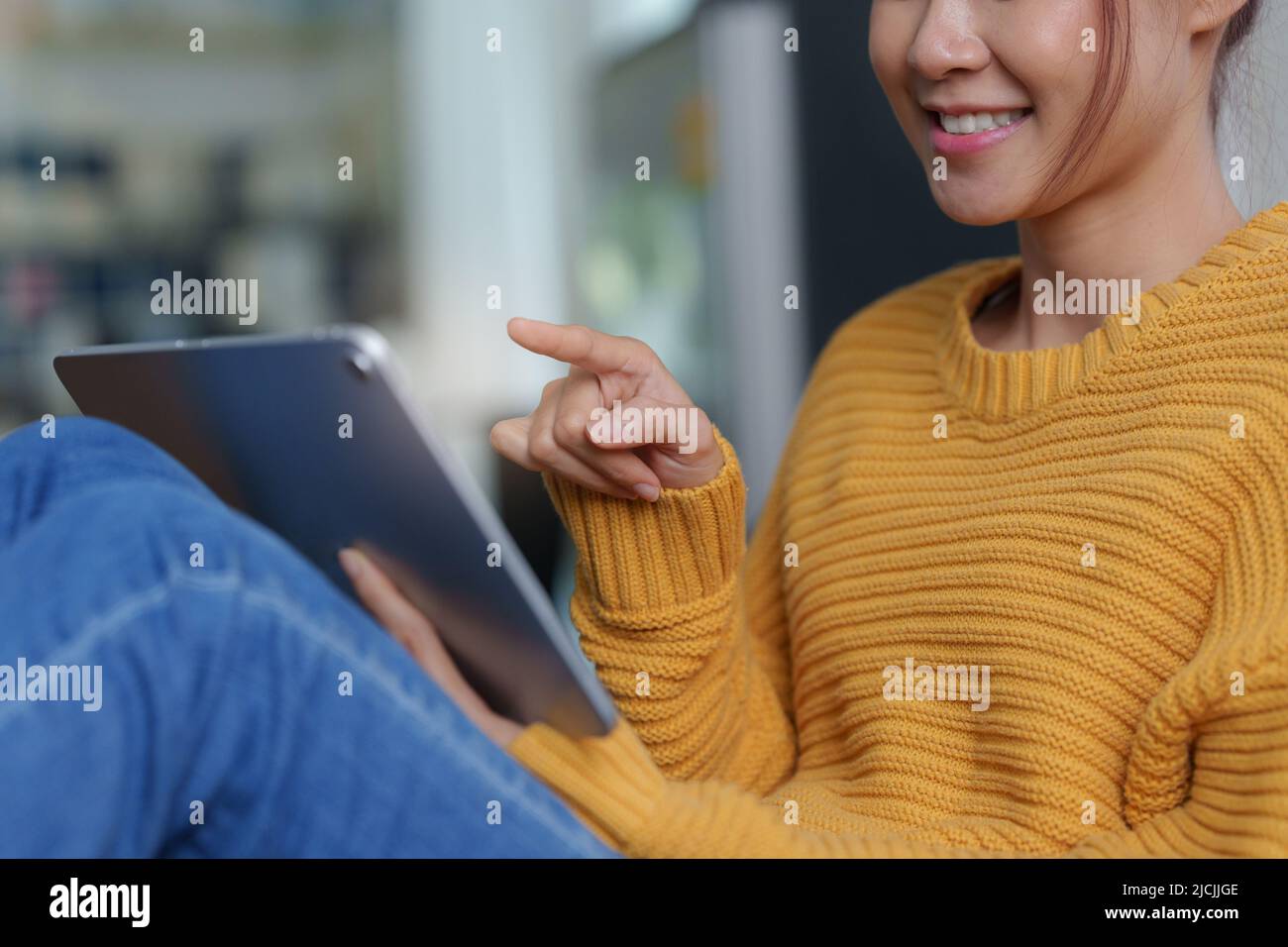 Portrait of Asian woman video call with friend online in mobile chat ...