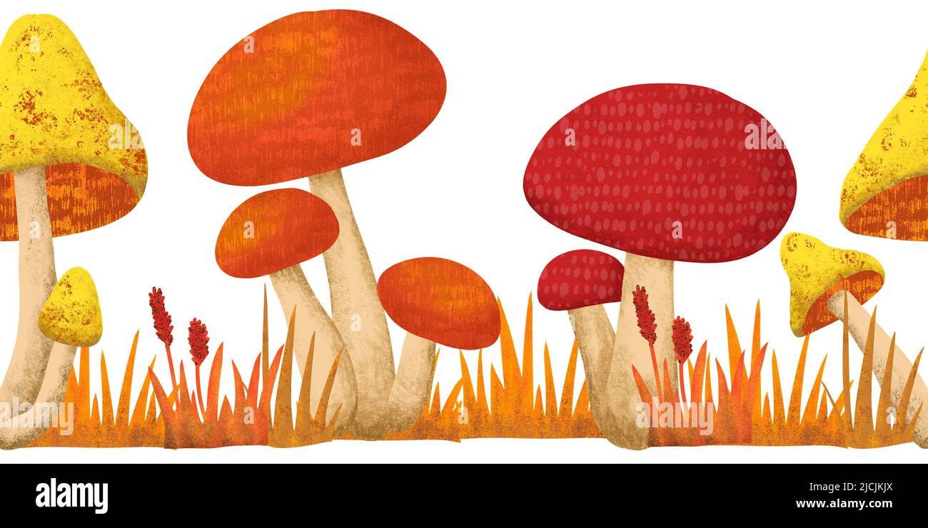 Hand drawn fall autumn seamless horizntal border with mushrooms forest ...