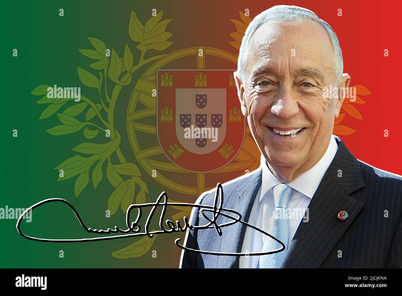 Marcelo Rebelo de Sousa, coat of arms of Portugal and signature Stock ...