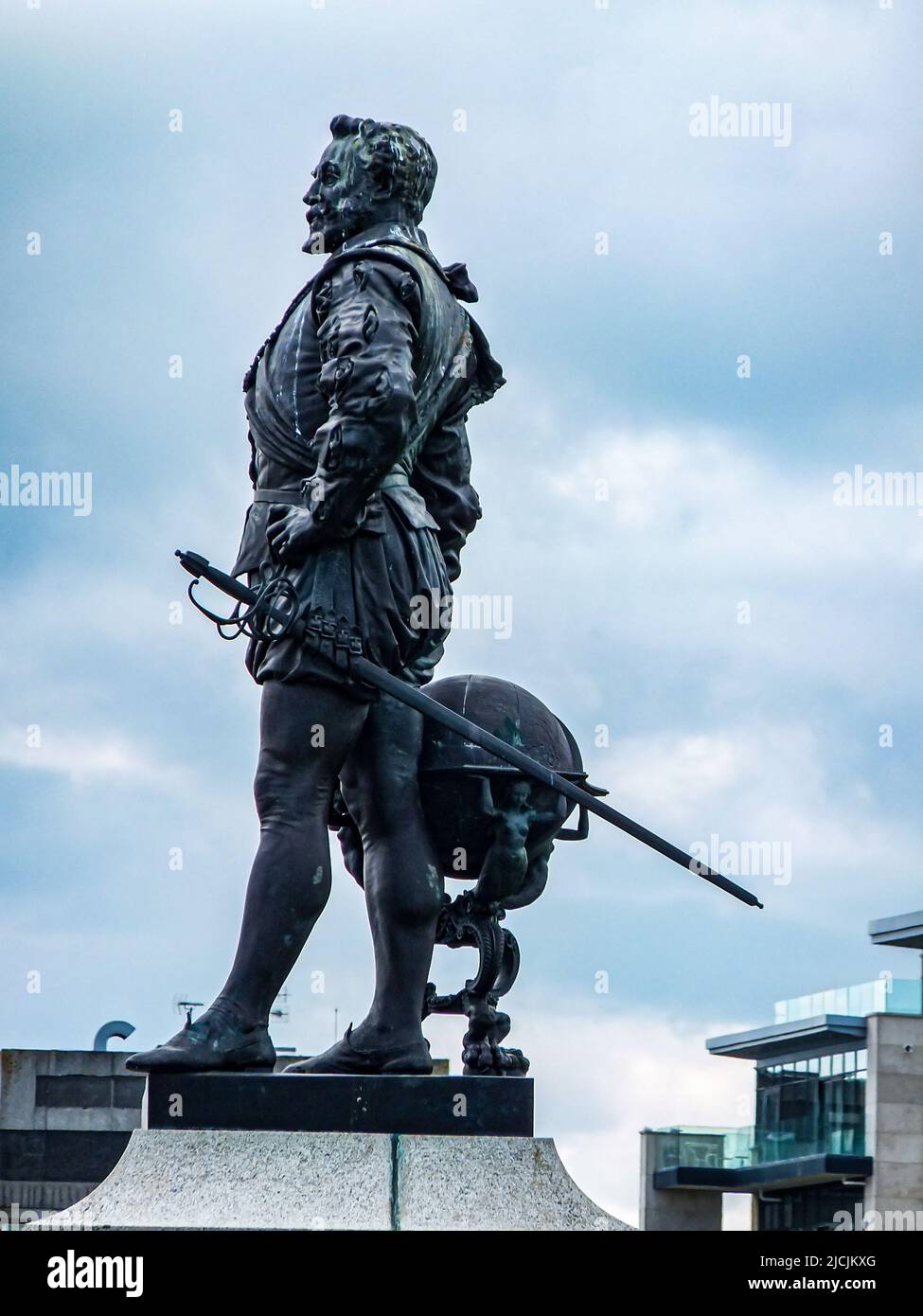 A bronze statue of explorer Sir Francis Drake by sculptor JE Boehm ...