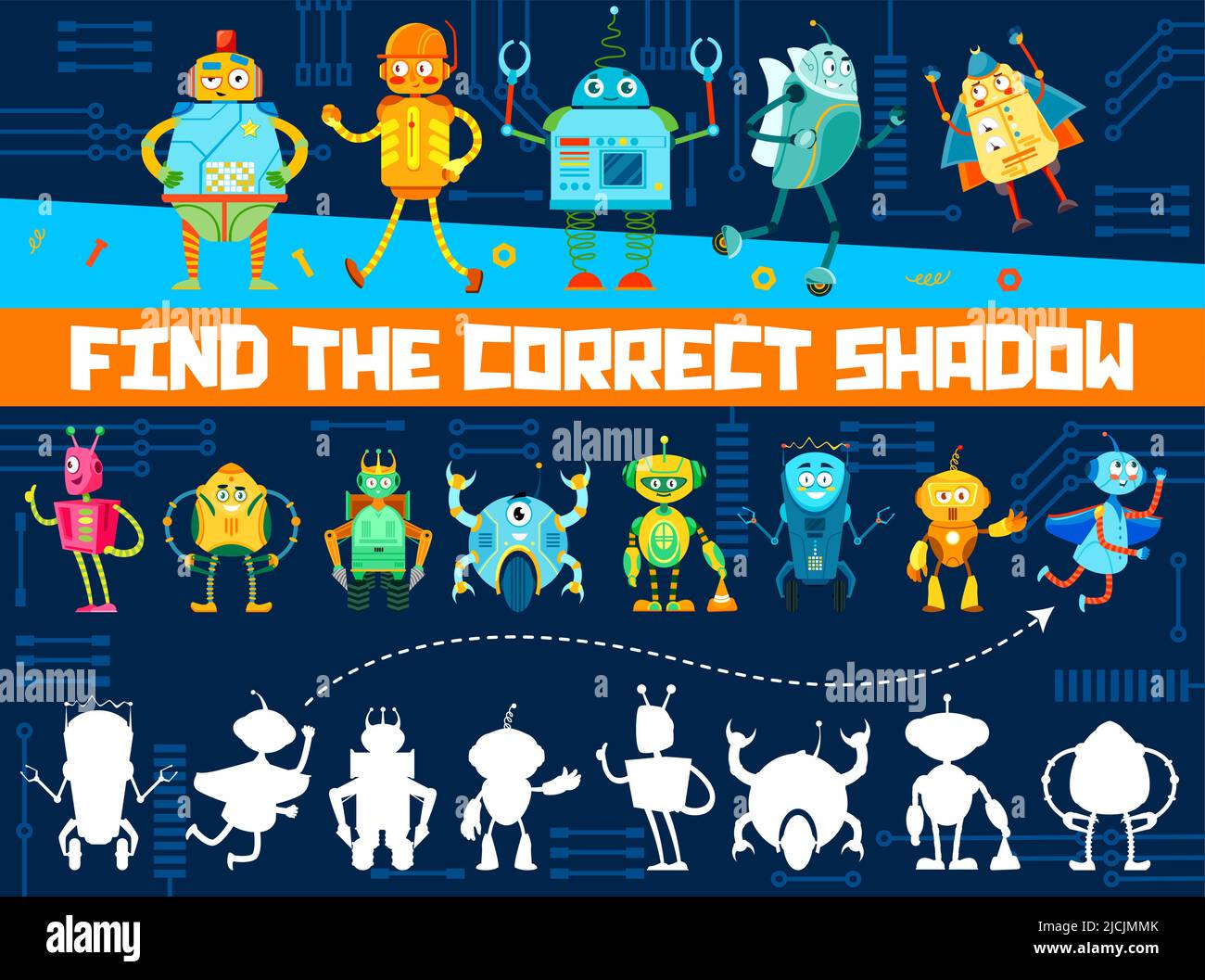 Find correct shadow of cartoon funny robots, match game worksheet ...
