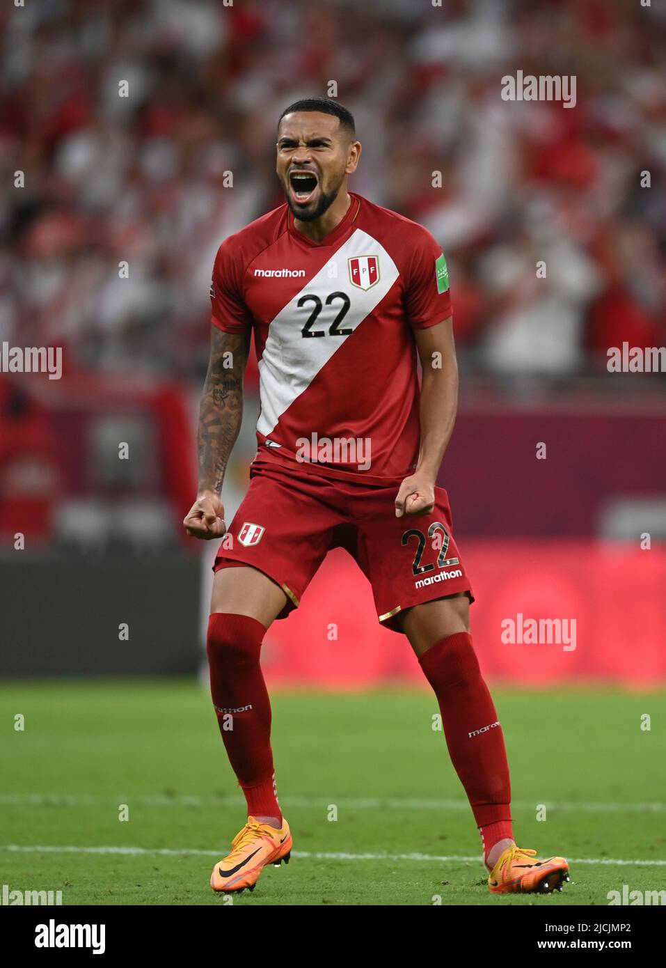 Doha, Qatar. 13th June, 2022. Peru's Alexander Callens celebrates after ...