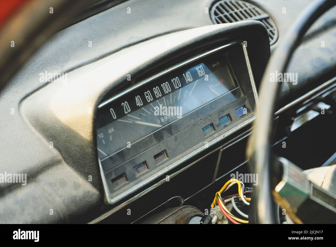 The dashboard in an old car close-up. Speedometer and gauges Stock ...