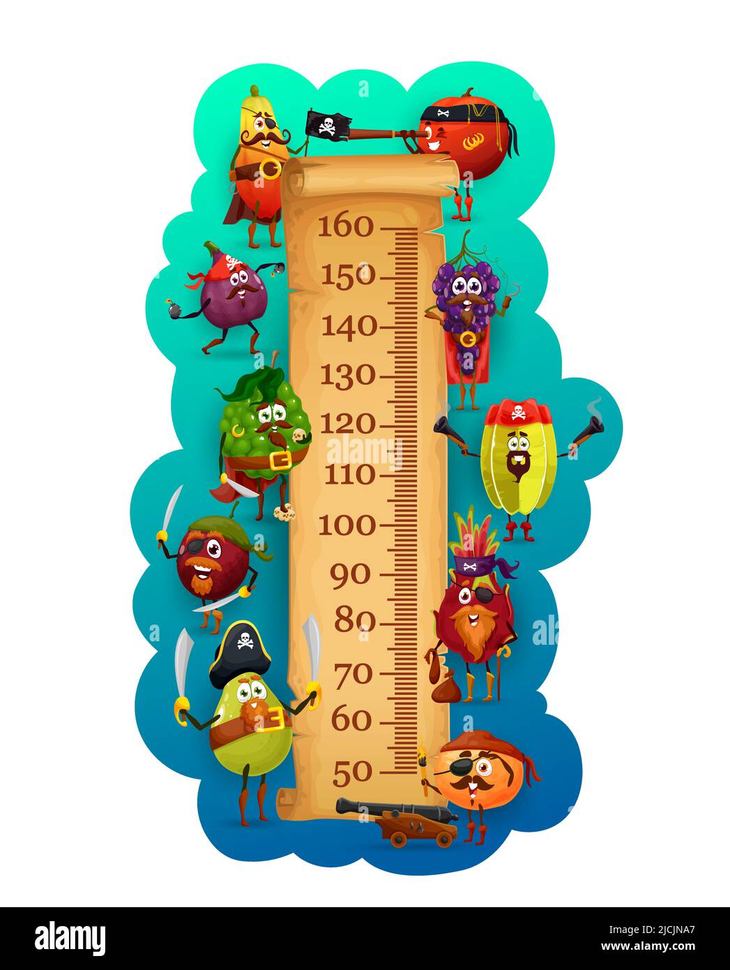 Kids height chart with cartoon pirate and corsair fruits. Vector growth ...