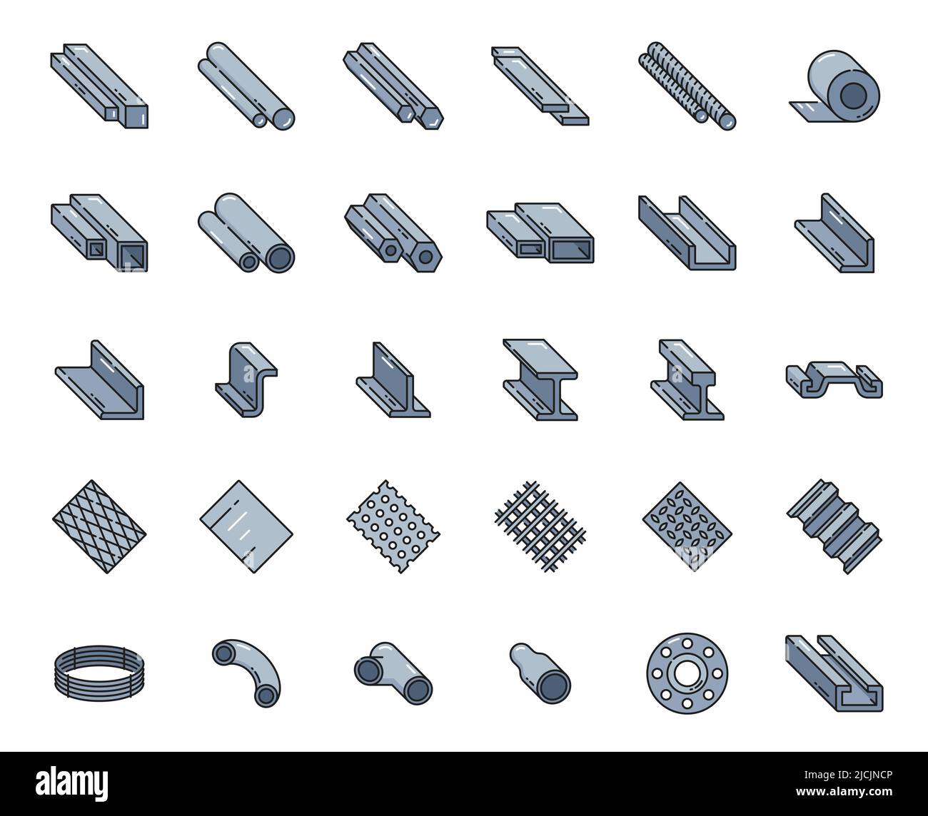 Color steel and aluminum rolled metal, stainless profile outline icons ...