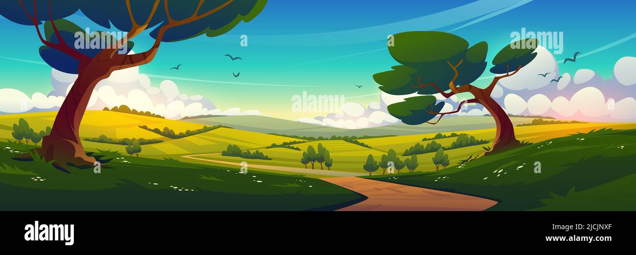 Cartoon Country Road Paper Art Of Red Car Stop At Country Road Near