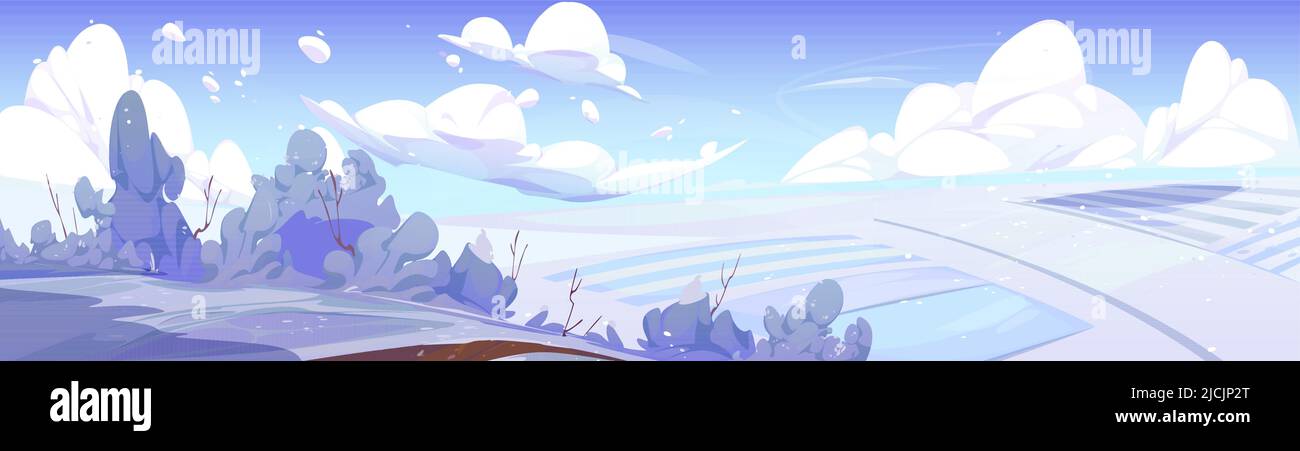 Winter countryside landscape with white snow on fields and bushes ...