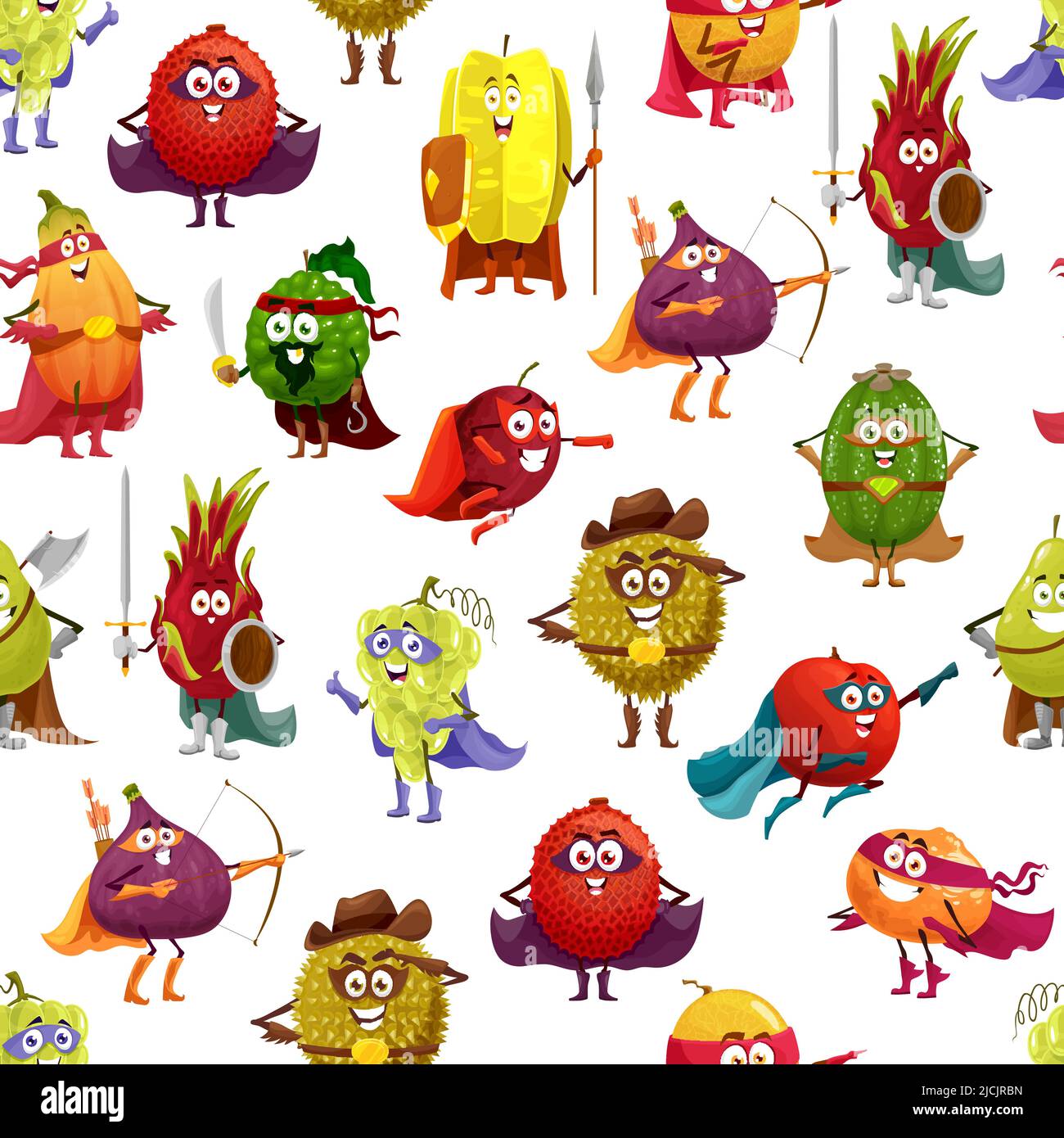 Cartoon fruits superhero characters seamless pattern. Vector background ...