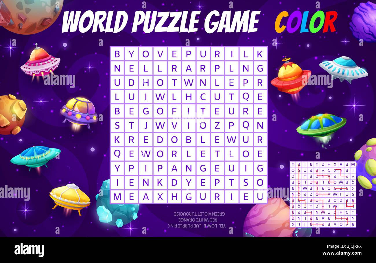 Cartoon starships and spacecrafts in galaxy, word search puzzle game ...