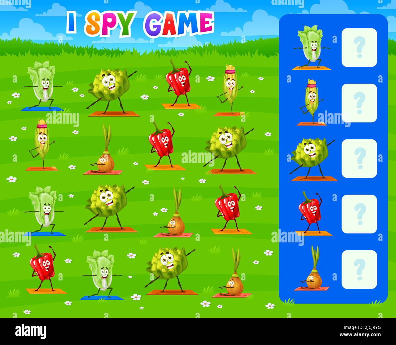 I spy game worksheet, cartoon vegetables on yoga fitness, Vector kids ...