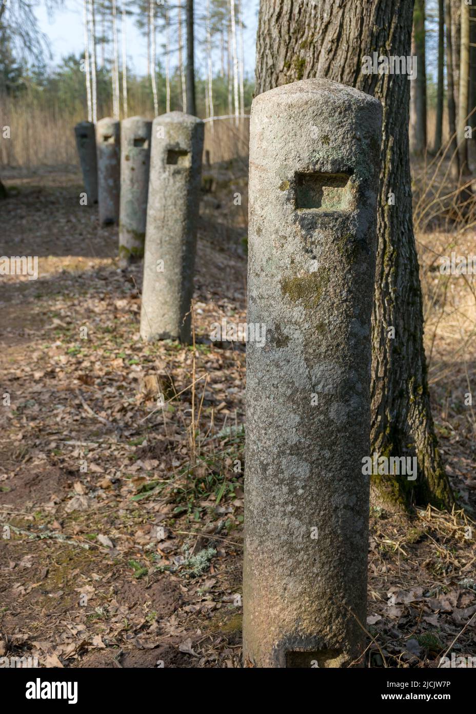 concrete pole fence stakes in an old and abandoned church park, early ...