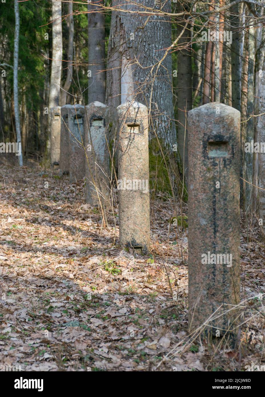 concrete pole fence stakes in an old and abandoned church park, early ...